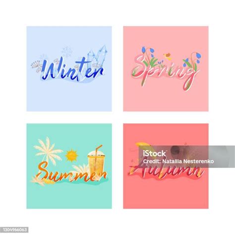 사계절 배너 플랫 벡터 템플릿 덥고 추운 날씨 의 수평 포스터 단어 개념 디자인 타이포그래피가 있는 플로럴 만화 일러스트레이션