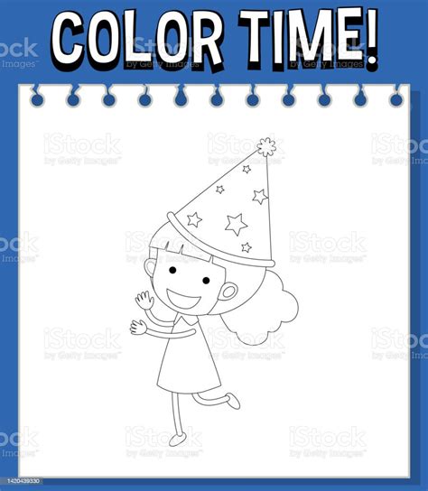컬러 타임이있는 워크 시트 템플릿 텍스트 그리고 파티 모자를 가진 소녀 Brand Name Video Game에 대한 스톡 벡터 아트 및 기타 이미지 Brand Name