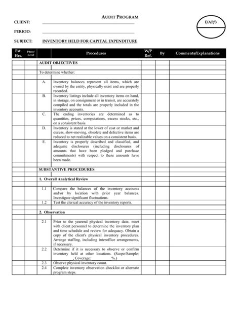 Inventory Audit Program Capital Expenditure