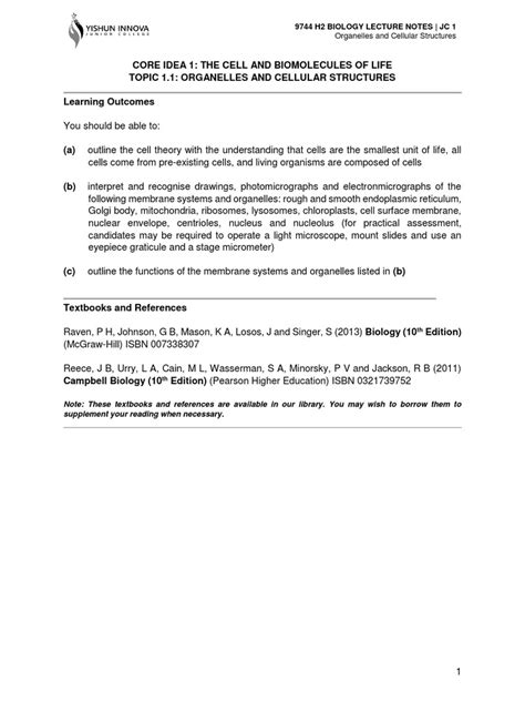 9744 H2 Biology Lecture Notes Jc 1 Organelles And Cellular
