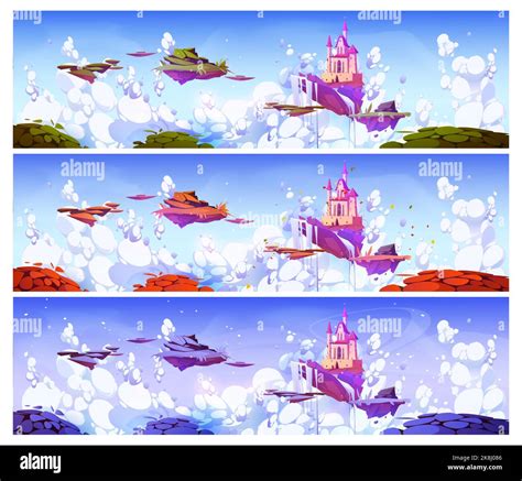 Pink Magic Castle On Floating Islands In Sky With Fluffy Clouds