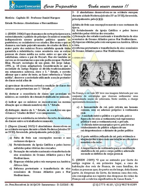 Questões Capítulo 3 Estado Moderno Absolutismo E Mercantilismo