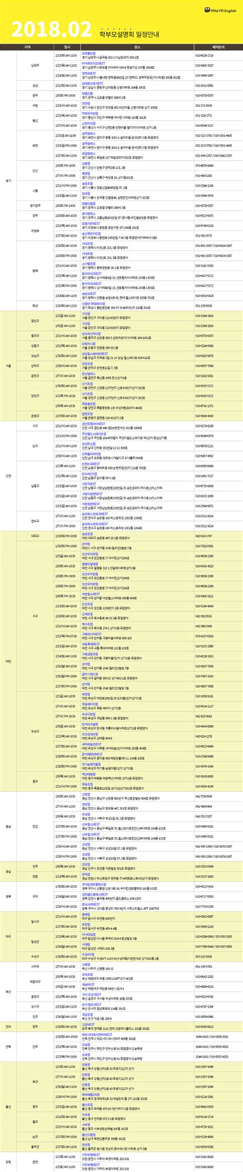 초등영어 대표 프랜차이즈 뮤엠영어의 18년 2월 학부모설명회 일정
