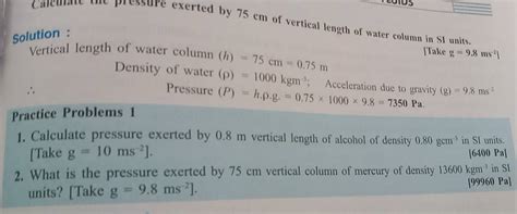 Vertical Length Of Water Column H Cm M Take G Ms Densi