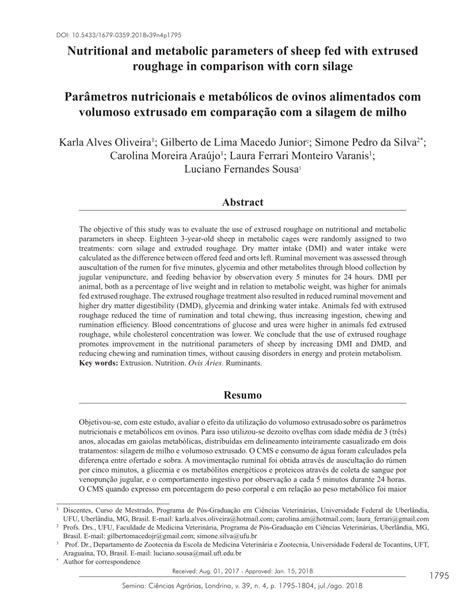 Pdf Nutritional And Metabolic Parameters Of Sheep Fed With Extrused
