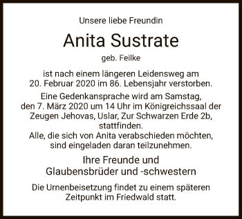 Traueranzeigen Von Anita Sustrate Trauer HNA De