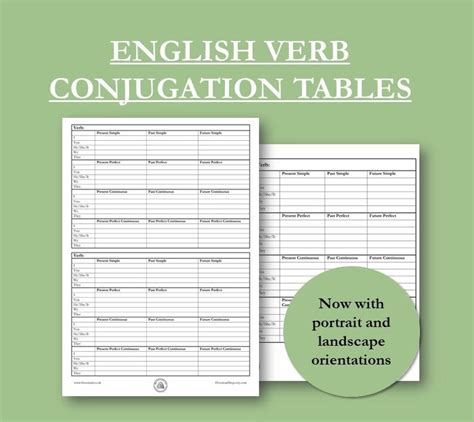 English Verb Conjugation Tables Digital Download Printable