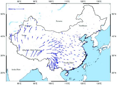 Horizontal Velocity Field In Mainland China The Blue Arrow In The