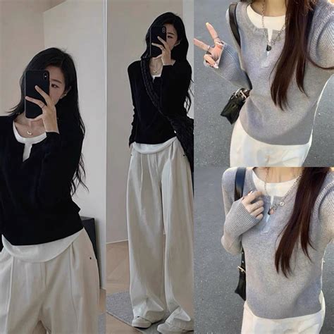 [Ảnh ThẬt] SẴn Áo Thun Cổ Dạng Hai áo Cổ Tròn Phối Viền Trắng Dài Tay