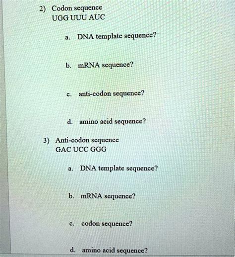 solved 2 codon sequence ugg uuu auc dna template sequence mrna