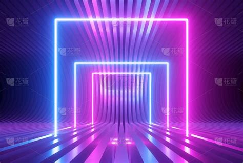 3d渲染，粉蓝紫霓虹灯抽象背景与发光的方形形状，紫外线，激光表演舞台，地板反射，空白矩形框架门素材 花瓣网
