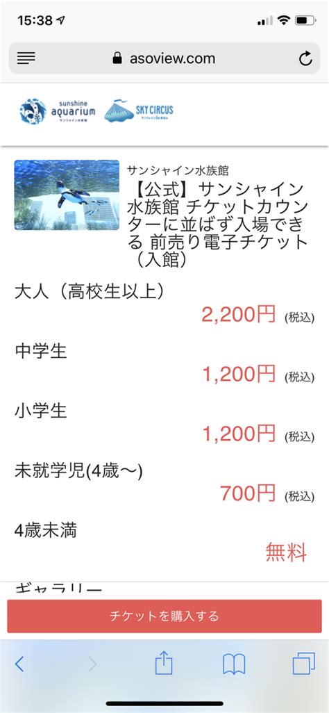 サンシャイン水族館チケット購入画面 キャステル Castel ディズニー情報