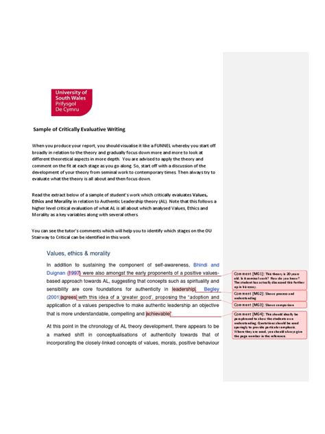 Sample Of Critically Evaluative Theoretical Writing Pdf Leadership Morality