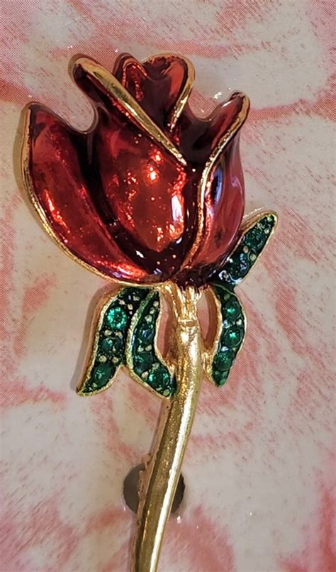 New Vintage Enamel Ruby Rose Pin Dark Red Sculpted P… Gem
