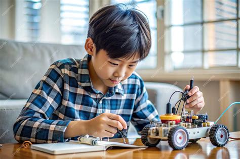 Asian Teenager Doing Arduino Robot Homework Project In House Premium Ai Generated Image