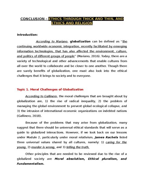 Conclusion Ethics Through Thick And Thin And Ethics And Religion