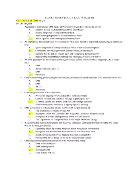 Wc Emt Block Exam Review Questions Jbl Quiz Answers Emt B Emergency Medical Technician