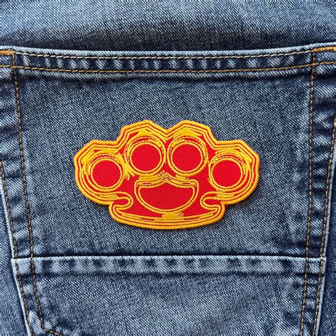 Embroidered Brass Knuckles In Red And Yellow Iron On Sew On Patch