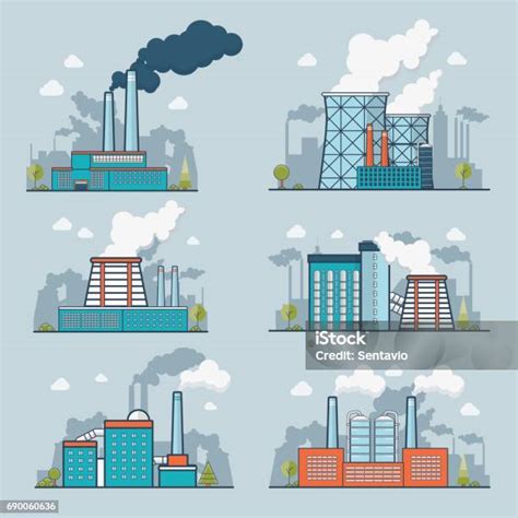선형 평면 현대 중공업 자연 오염 공장 벡터 일러스트 레이 션 세트 생태와 자연 오염 된 개념입니다 공장 산업 건물에 대한 스톡