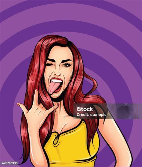 팝 아트 빈티지 광고 포스터 만화 소녀 연설 거품 예쁜 여 자가 혀와 로큰롤 기호 표시 경외감에 대한 스톡 벡터 아트 및 기타