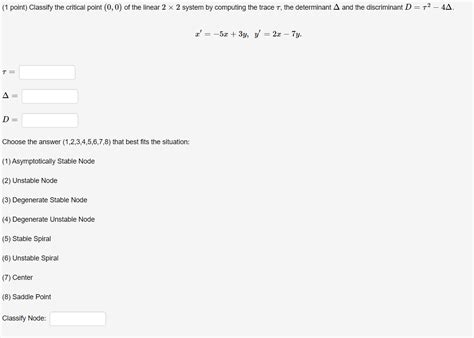 Solved 1 ﻿point ﻿classify The Critical Point 00 ﻿of The