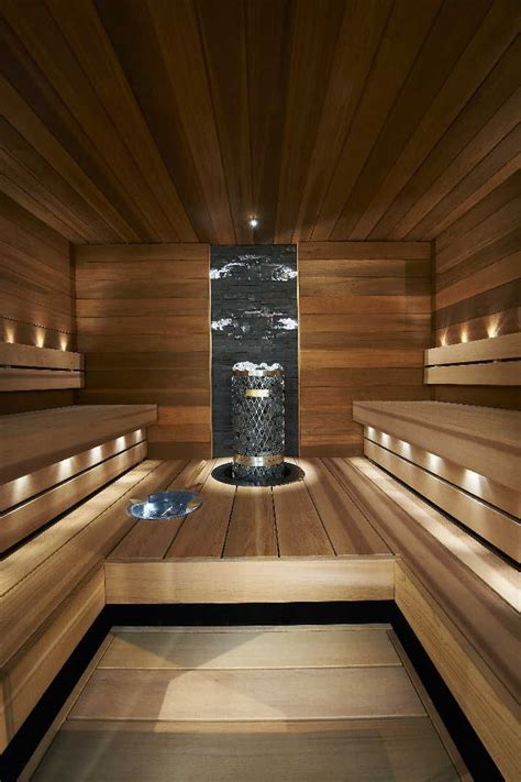 Beautiful Dark Moody Sauna With Subtle Small Lights Under The Benches