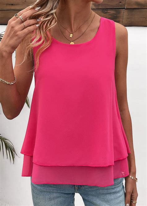 Layered Hot Pink Scoop Neck Sleeveless Tank Top Trendy Fashion Tops