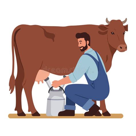 Farmer Milking A Brown Cow In A Flat Vector Illustration Style
