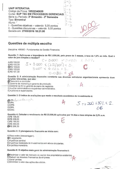 prova Fundamentos da Gestão Financeira Fundamentos da Gestão Financeira