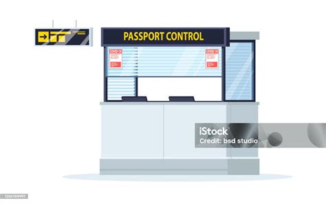 여권 제어 세미 플랫 Rgb 색상 벡터 일러스트레이션 코비드 경고 유리 창 카운터 비자를 확인 합니다 테두리 제어 테이블입니다 흰색 배경에 문서 체크 데스크 격리 만화 개체