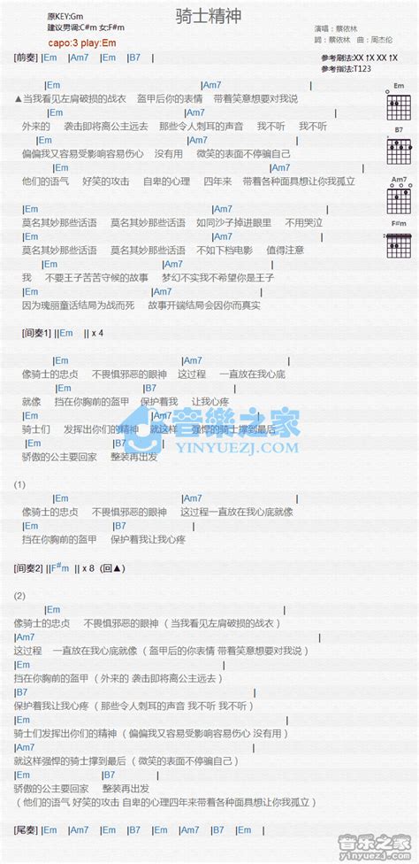 骑士精神吉他谱 蔡依林 G调吉他弹唱谱 和弦谱 琴谱网