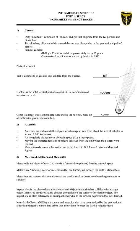 Space Worksheet 8 Space Rocks 1 Comets Lecture Notes Astrophysics