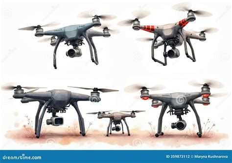 Cute Comical Drones In Various Positions On White Background Drones Illustrated With Watercolor