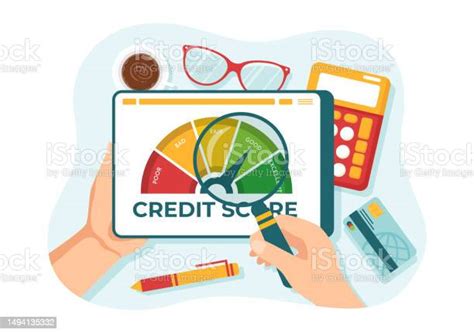 대출 화살표 게이지 속도계 표시기가 있는 신용 점수 벡터 일러스트레이션은 플랫 만화 손으로 그린 템플릿에서 나쁨에서 양호한 비율로 표시됩니다 계기판 측정기에 대한 스톡 벡터