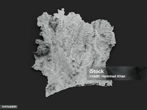 코트디부아르 지도 코트디부아르 화이트 음영 처리된 구호 색상 높이 지도 검정색 배경 3d 그림 강에 대한 스톡 사진 및 기타
