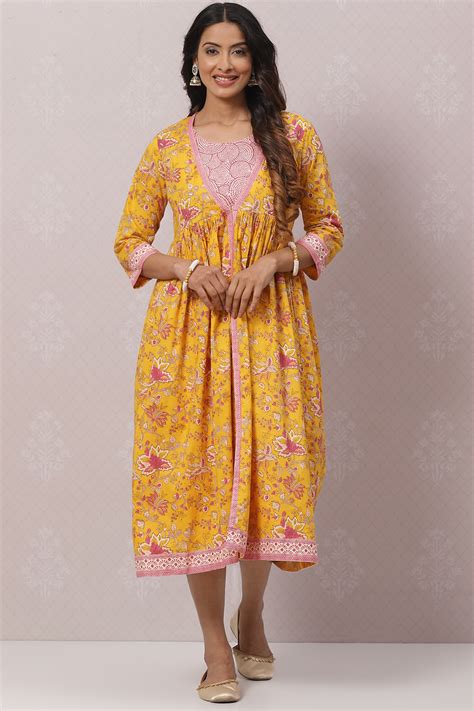 Mustard Cotton Flared Printed Kurta Dress With Shrug At Biba India