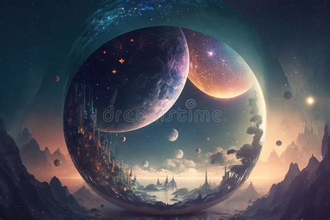Fantasy Island Of The World With Colorful Nature Galaxy Stock