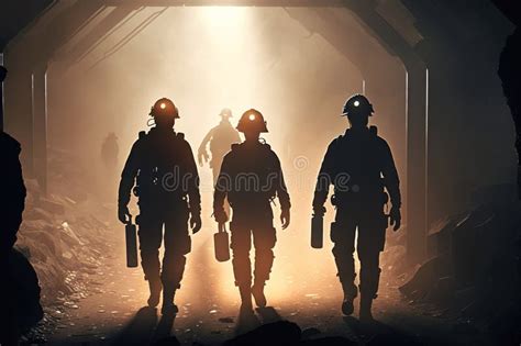 Siluetas De Mineros Caminando En La Mina Desde El Trabajo Ai