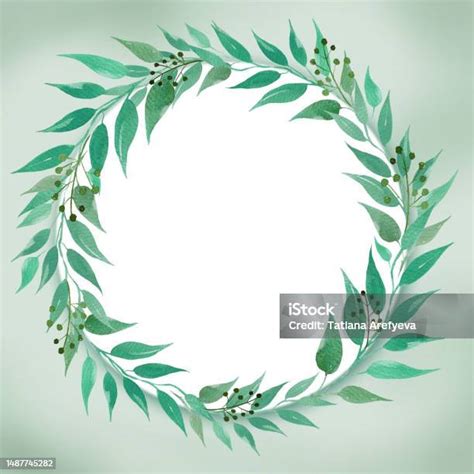 녹색과 파란색 잎 환상 스케치 녹색 둥근 흰색 배경의 허브 장식이 있는 수채화 화환 0명에 대한 스톡 벡터 아트 및 기타 이미지