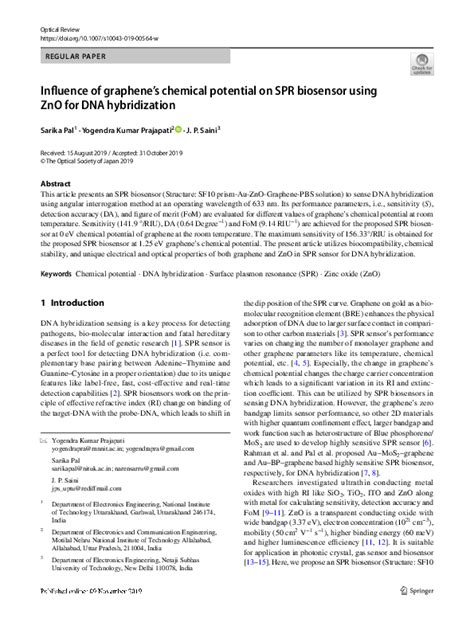 Pdf Influence Of Graphenes Chemical Potential On Spr Biosensor Using