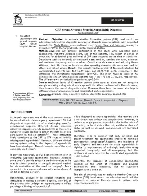 Crp Versus Alvarado Score In Appendicitis Diagnosis Pdf C Reactive