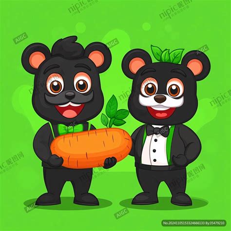 Ai创作图黑熊卡通形象 搞笑黑熊 开心鼹鼠厨师形象 果蔬吉祥物 果蔬店吉祥物 食品行业吉祥物 两只熊 原创鼹鼠卡通形象 阿熊卡通设计 蔬果吉祥