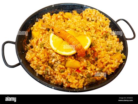 Paella With Seafood Traditional Spanish Dish Isolated Over White Background Stock Photo Alamy