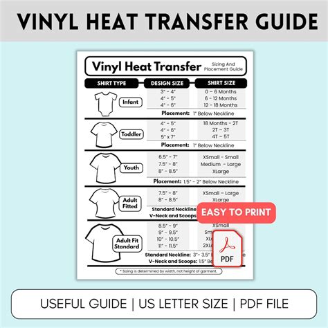 Heat Transfer Vinyl Sizing Guide Printable Htv Sizing Guide T Shirt