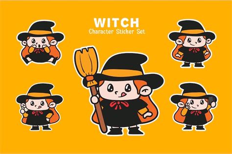 Premium Vector Cute Witch Halloween Character Illustration Sticker Set