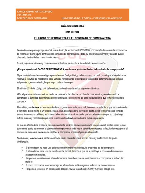 El Pacto De Retroventa En El Contrato De Compraventa Pdf Ley Común