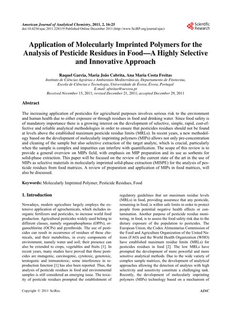 Pdf Application Of Molecularly Imprinted Polymers For The Analysis Of Pesticide Residues In
