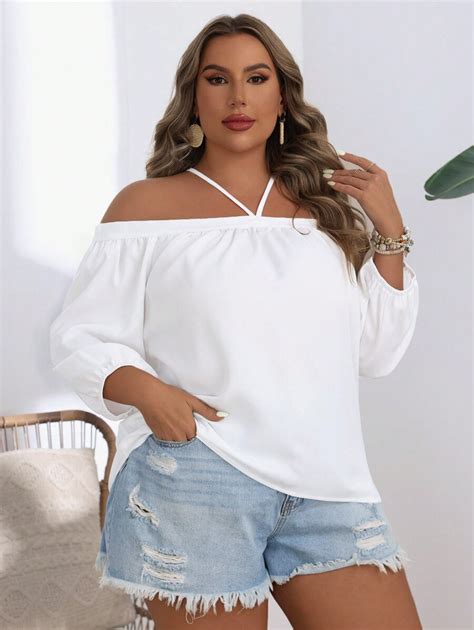 Shein Vcay Top Feminina Simples De Manga Longa Com Decote Suspenso Para