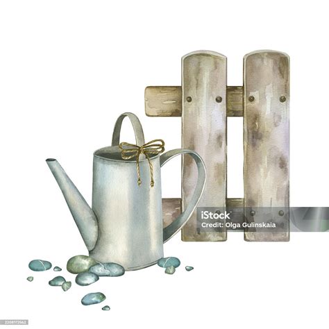 울타리 자갈이있는 꼬기로 만든 활로 꽃과 정원에 물을주기위한 물뿌리개 수채화 구성 모든 물체는 수채화로 손으로 칠해져 있습니다 엽서 인쇄에 적합 가정 생활에 대한 스톡 벡터