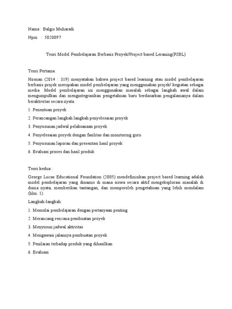 Teori Model Pembelajaran Project Based Learning Pdf